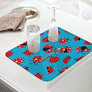 Dish Drying Mat for Kitchen Counter Absorbent Quick Drying Mat, Cute Ladybug Red Black Carapace Insect Dense Animal Blue
