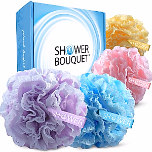 Loofah-Bath-Sponge Lace-Mesh-Set // 2-Scrubs-in-1 by Shower Bouquet/Large Full 60g Pouf (4 Pack Spa Colors) Body Luffa Loofa Loufa Puff - Exfoliate, Cleanse Skin with Luxurious Bathing Accessories