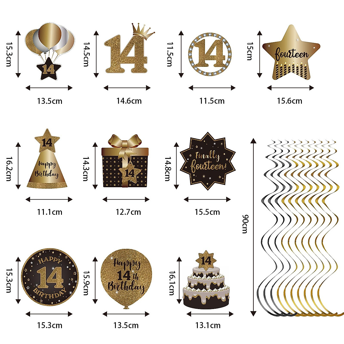 Happy 14th Birthday Party Hanging Swirls Streams Ceiling Decorations, Celebration 14 Foil Hanging Swirls with Cutouts for 14 Years Old Black and Gold Birthday Party Decorations Supplies