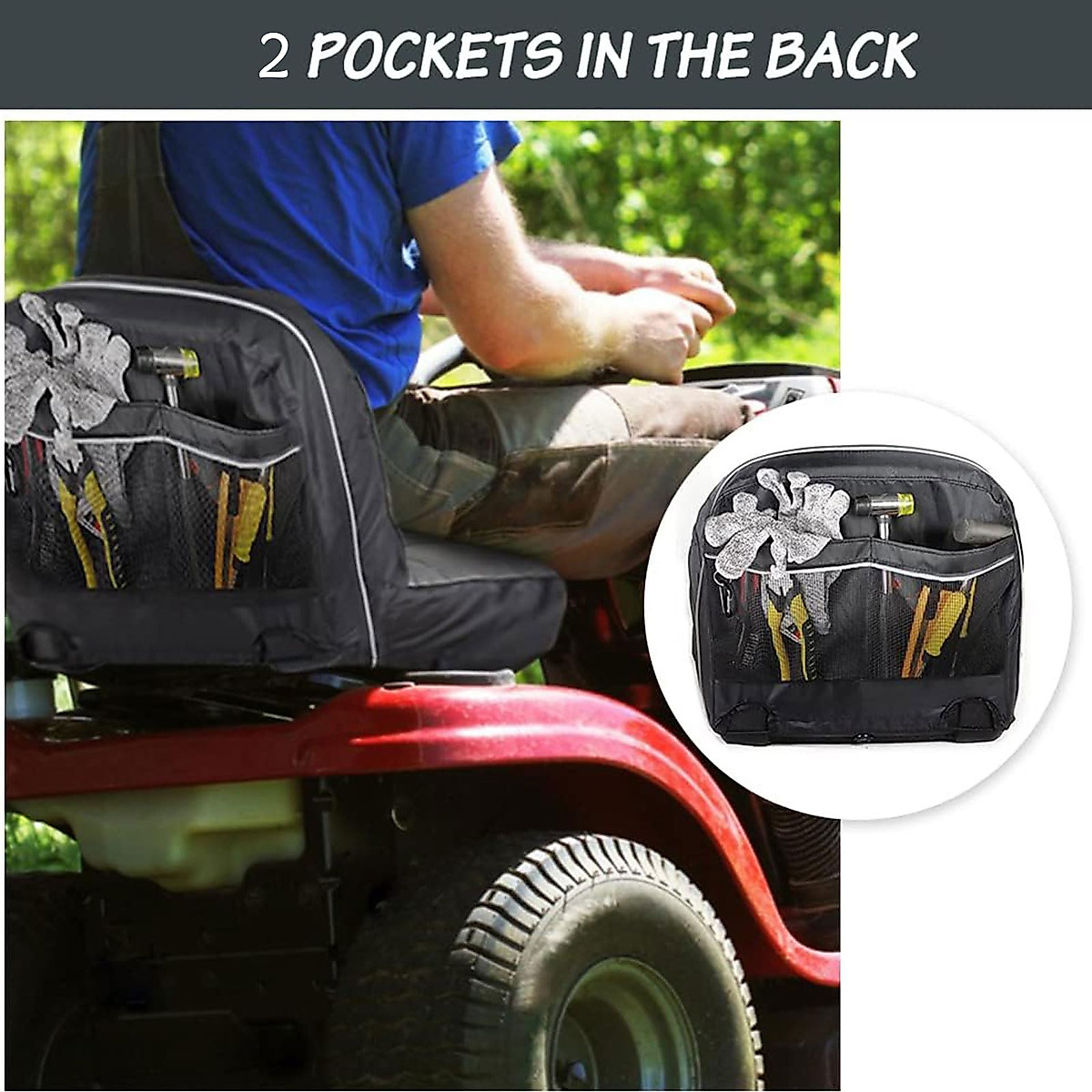 HOMEYA Riding Lawn Mower Seat Cover, Heavy Duty 600D Oxford Waterproof Tractor Seat Cover with Padding & Back Pockets, for 9.8 Inches High Seats, Fits Husqvarna Cub Cadet Seat Without Armrests