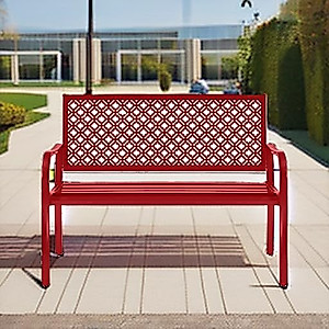Best Choice Products Outdoor Bench 2-Person Metal Steel Benches Furniture for Garden, Patio, Porch, Entryway w/Geometric Backrest, 790lb Capacity - Rose Red