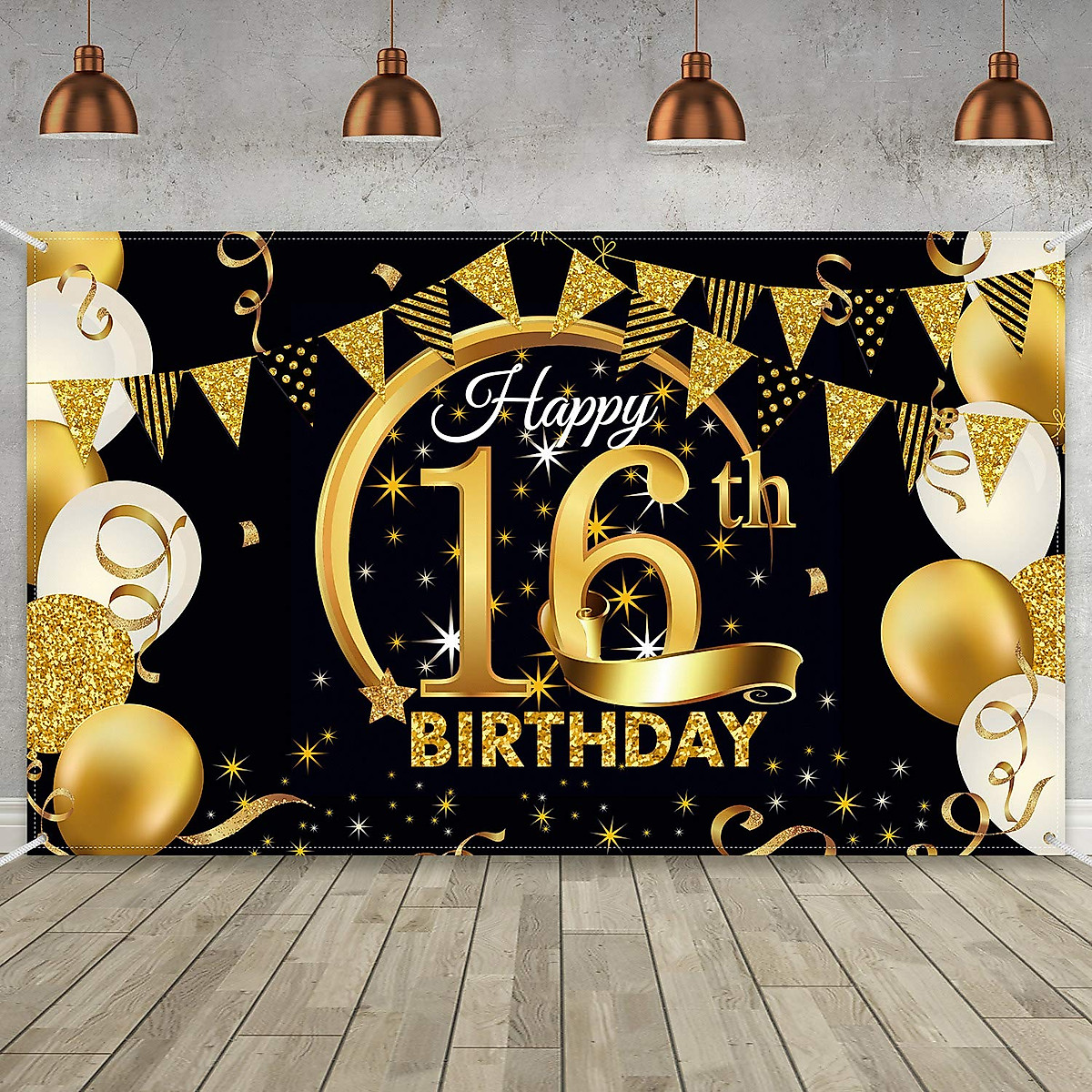 Blulu Birthday Party Decoration Extra Large Fabric Black Gold Sign Poster for Anniversary Photo Booth Backdrop Background Banner, Birthday Party Supplies, 72.8 x 43.3 Inch (16th)
