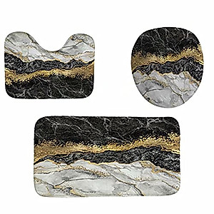 4Pcs Black Marble Shower Curtains Sets with 12 Hooks,Bathroom Curtains Shower Set Toilet Mat Lid Rug,Bathroom Sets Shower Curtain Sets and Rugs and Accessories,72x72 inch