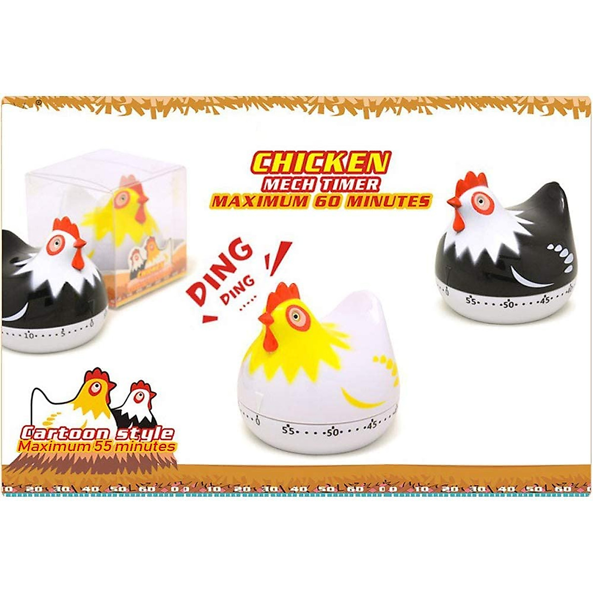 Cute Timers 60 Minutes Loud Alarm Manual Timer Chicken Cartoon Kitchen Cooking Timer Clock for Cooking Baking (Black)