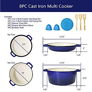 Enameled 2in1 Cast Iron Dutch Oven Pot with Grill Lid – 5 Quart Dutch Oven with Lid Cast Iron, 8pc Accessories Set, Never Needs Seasoning, Cobalt Blue Enamel Dutch Oven for Cooking & Baking