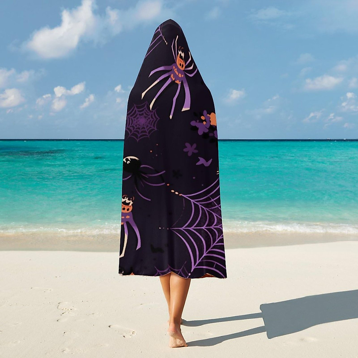 Seamless Pattern Halloween Spider Web Purple Hooded Blanket Happy Halloween Big Hug Fleece Hooded Blanket for Women Men Soft Cozy Blanket Snuggling Sofa Bedding 40"x50" Spring Summer Blanket Hoodie