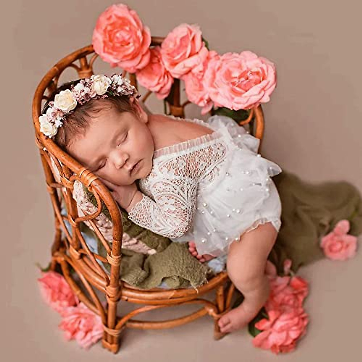 M&G House Newborn Photography Props White Lace Outfits Newborn Photography Outfits Girl Lace Rompers Baby Photo Prop Skirts Baby Photoshoot Props (Long Sleeve, White, 0-2 Months)