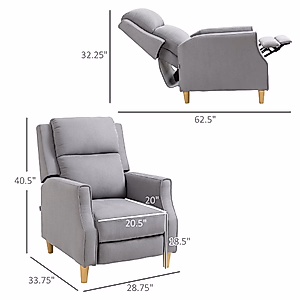 HOMCOM Fabric Recliner Chair, Modern Push Back Reclining Chair, Accent Lounge Arm Chair with Footrest, Solid Wood Legs, Gray