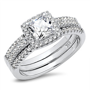 Metal Factory 925 Sterling Silver Cushion Cubic Zirconia CZ 2Pc Halo Wedding Engagement Ring Insert Set (5)