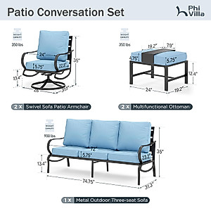 PHI VILLA 5 PCS Patio Furniture Set,Metal Deluxe Patio Set with 1 x 3 Seater Deep Seating Bench, 2 x Swivel Sofa Chairs & 2 x Metal Cushioned Ottoman, Outdoor Patio Set for Garden, Light Blue
