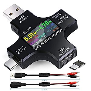 USB C Tester,KJ-KayJI 2 in 1 Tester Color Screen IPS Digital Multimeter(2022),Voltage,Cur,Pwr,Resistance,Elec,Temp,Capacity,Tme,Fast Charging,with USB Clip Cable Support PD2.0/PD3.0,QC2.0/QC3.0,BC1.2