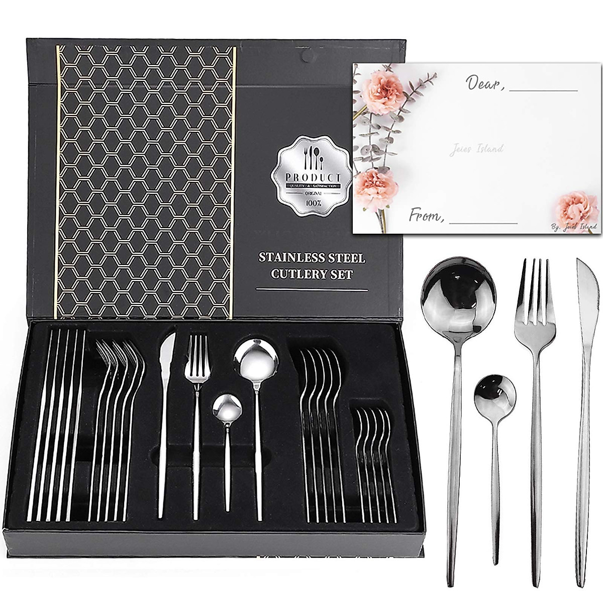 Silver 24 Silverware set for 6 people, gift sets with Premium box and Gift Letter, Stainless Steel Cutlery set, Housewarming Gift, flatware set with Knife/Fork/Spoon/Teaspoon