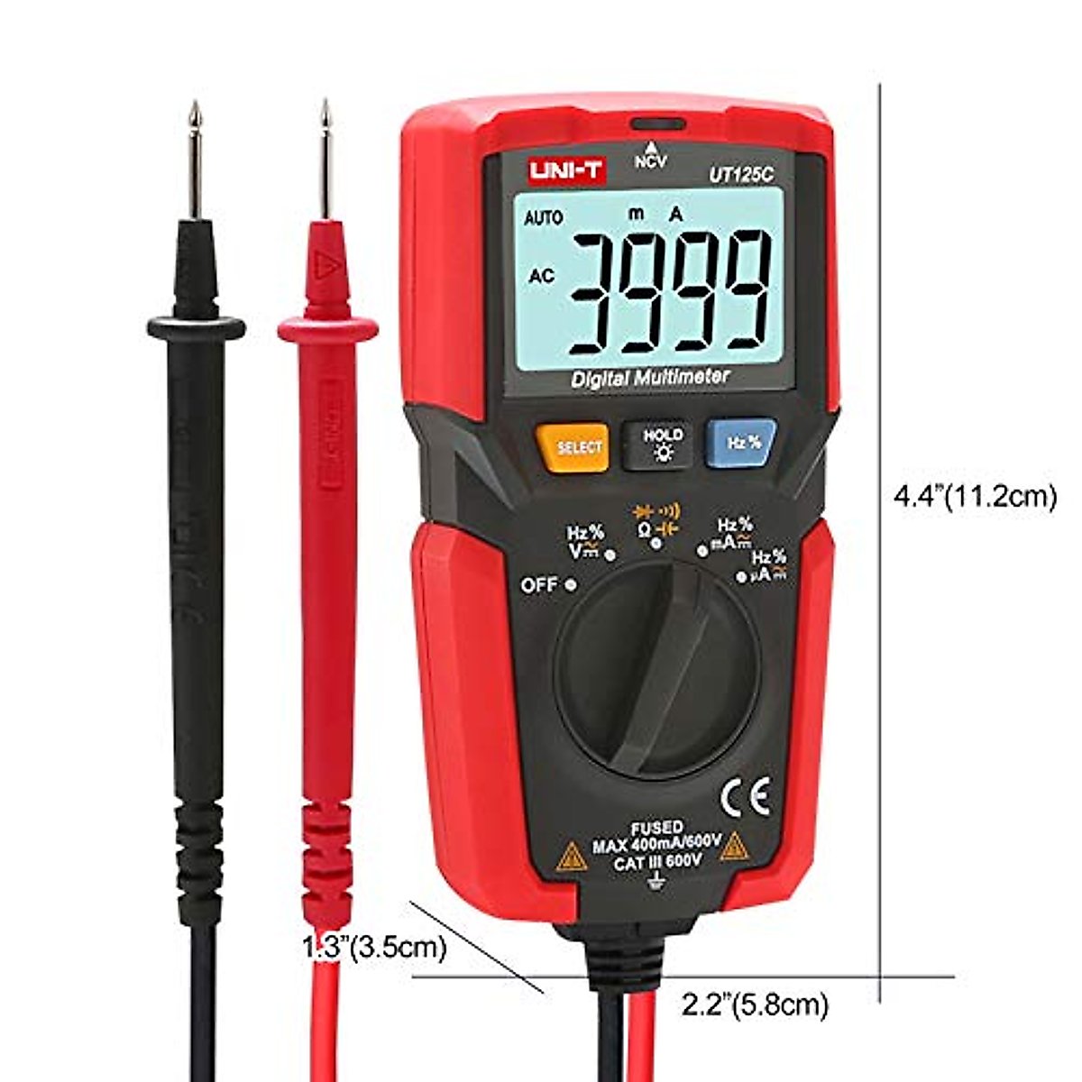 UNI-T UT125C Digital Multimeter Pocket Multi Tester, 4000 Counts AC DC Voltage AC DC Current Resistance Capacitance Frequency Duty Cycle NCV Diode Test Continuity Test Data Hold Auto Power Off