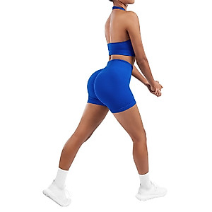 SUUKSESS Women Two Piece Seamless Ribbed Workout Sets Outfits Backless Halter Sports Bra Booty Biker Shorts (Royal Blue, M)
