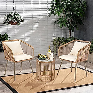 3 Piece Patio Bistro Set,Outdoor Conversation Sets, Small Patio Furniture Set w/ Glass Top Table and 2 Chairs,Outdoor Table and Chairs Set of 2,Wicker Patio Chairs for Yard Lawn Garden Porch Backyard