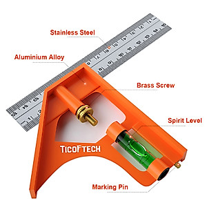 TICOFTECH Combination Square, 6 Inch/150mm, Set Square, Stainless Steel Ruler, Protractor Level Measure Measuring Set with Carpenter Pencils