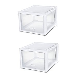Sterilite 27 Quart White Frame Clear Plastic Stackable Storage Container Bin w/Single Drawer for Craft, Pantry, Sink, & Desktop Organization, 2 Pack