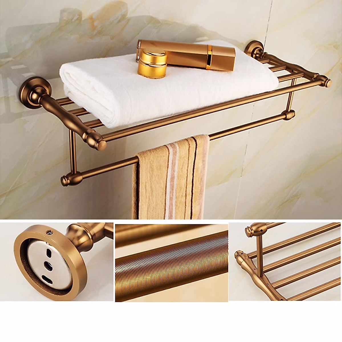 Towel Rack European Style Antique Towel Rack Bath Towel Holder, Space Aluminum Retro Copper Bathroom Shelf, Bathroom Hardware Towel Shelf