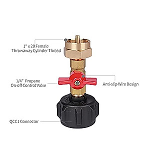 QCC1 Propane Refill Adapter with On/Off Control Valve, QCC1 Propane Refill Pressure Adapter Couple for Camping Grill 1LB Bottle Tank 20~40LBS Cylinder