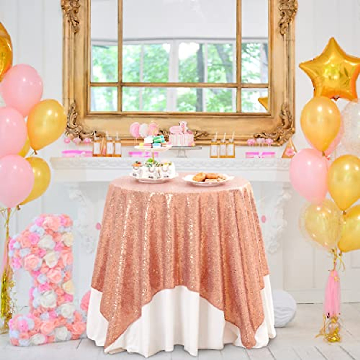 B-COOL Sparkly Tablecloth Rose Gold Sequin Tablecloth Sparkly Glamorous Tablecloth Wedding Party Decoration 50x50 inch Table Cover