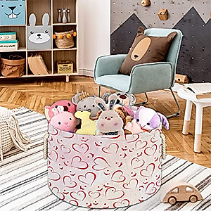 Red Valentines Day Love Heart (6) Large Round Baskets for Storage Laundry Baskets with Handles Blanket Storage Basket for Bathroom Shelves Bins for Organizing Nursery Hamper Girl Boy