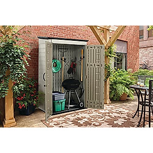 Rubbermaid Outdoor Small Vertical Resin Storage Shed, 5x2 Feet, Brown, Weather Resistant Utility Shed with Lock for Storage for Lawn Accessories/Power Tools/Outdoor Toys/Hose