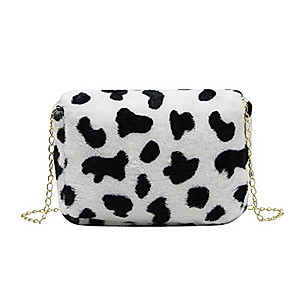 RARITYUS Women Fashion Leopard Print Shoulder Bag Fluffy Plush Handbag Cow Print Crossbody Purse Faux Fur with Chain Strap