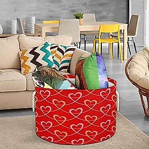 Red Valentines Day Love Heart (4) Large Round Baskets for Storage Laundry Baskets with Handles Blanket Storage Basket for Bathroom Shelves Bins for Organizing Nursery Hamper Girl Boy