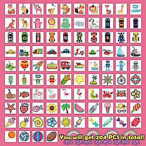 Partywind Kids Temporary Tattoos, 204 PCS Fake Tattoo Stickers for Kids Party Supplies Favors Decorations, Surprise Birthday Gifts Goodie Bag Stuffers (Individually Wrapped)