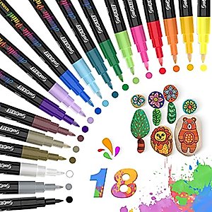 18 Colors Acrylic Paint Marker Pens for Rock Painting Fine Point Fabric , Wood , Canvas , Ceramic , Glass , Stone , Scrapbooking Supplies , Quick Dry Non Toxic No Odor Markers