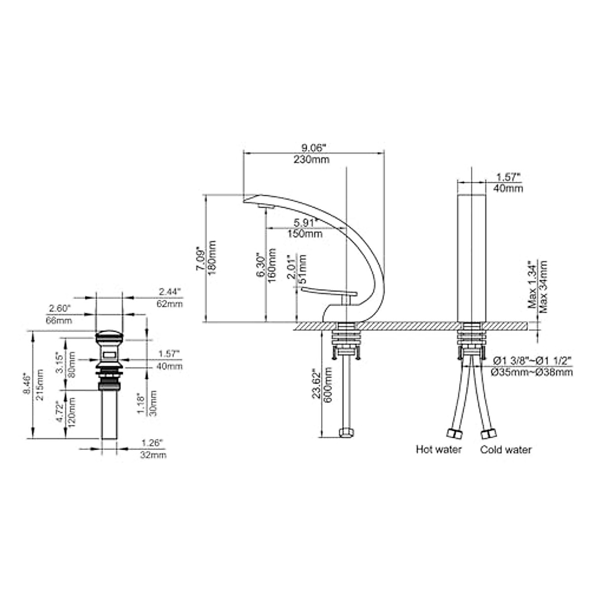 Homary 1-Handle Bathroom Sink Faucet with Pop Up Drain One Hole Deck Mount Curved Lavatory Faucet Mixer Tap, Solid Brass Chrome