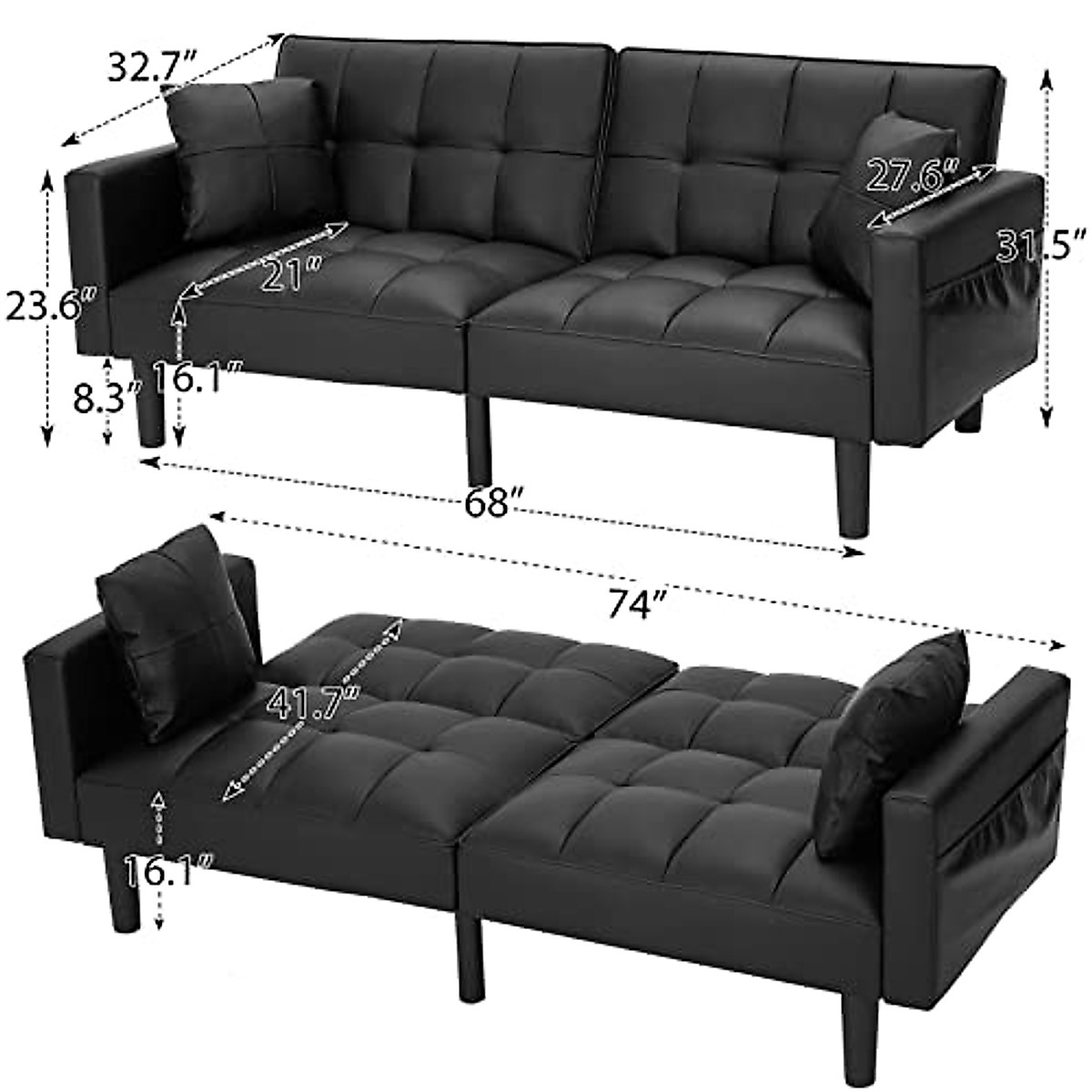 AVAWING Futon Sofa Bed, Modern Leather Convertible Sofa Bed Upholstered Sleeper Sofa Couch Bed with Adjustable Back, Arms and High Strength Nylon Legs for Living Room, Apartment, Office（Black）