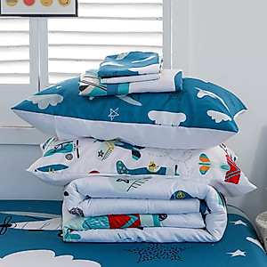 Yasida 7 Piece Airplane Comforter Set for Boys and Girls,Comforters Twin Size Bed in a Bag, Microfiber Kids Bedding for All Season (1 Comforter, 1 Flat Sheet, 1 Fitted Sheet, 4 Pillowcases)
