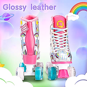SULIFEEL Rainbow Unicorn Roller Skates for Girls Light up Wheels Womens Quad Skates with High Top Reflective TPU Leather Rainbow