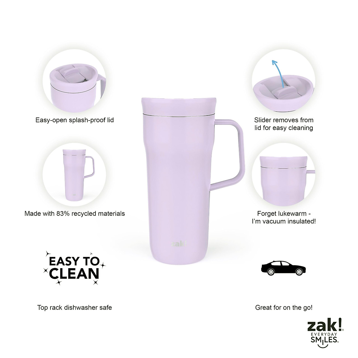 Zak Designs Harmony Tumbler for Travel or At Home, 20oz Recycled Stainless Steel is Splash-Proof and Vacuum Insulated with Slide Lid and Handle (Smoky Lilac Purple)