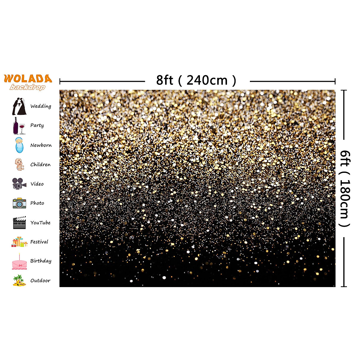 WOLADA Gold Backdrop Black and Gold Back Drop Masquerade Party Decorations 8x6FT 11176
