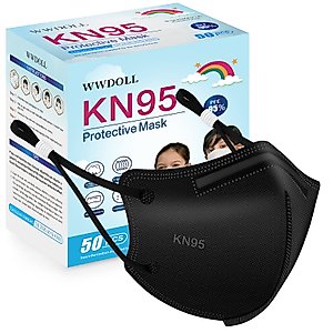 WWDOLL Kids KN95 Face Mask 50 Pack, 5-Layers Breathable KN95 Masks for Children, Black