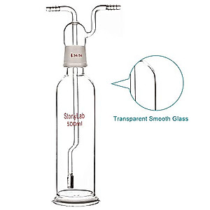 stonylab Gas Washing Bottle, Borosilicate Glass 34/34 Stopper Gas Bubbler Gas Washing Bottle with Fritted Disc and 8 mm OD Inlet/Outlet Hoses, 500 ml