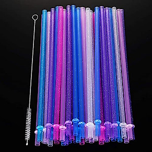 50 Pieces Reusable Drinking Straws Colorful Plastic Straws Clear Glitter Unbreakable Drinking Straws with Cleaning Brush for Home Party Supplies, 6 Colors (9 Inch)