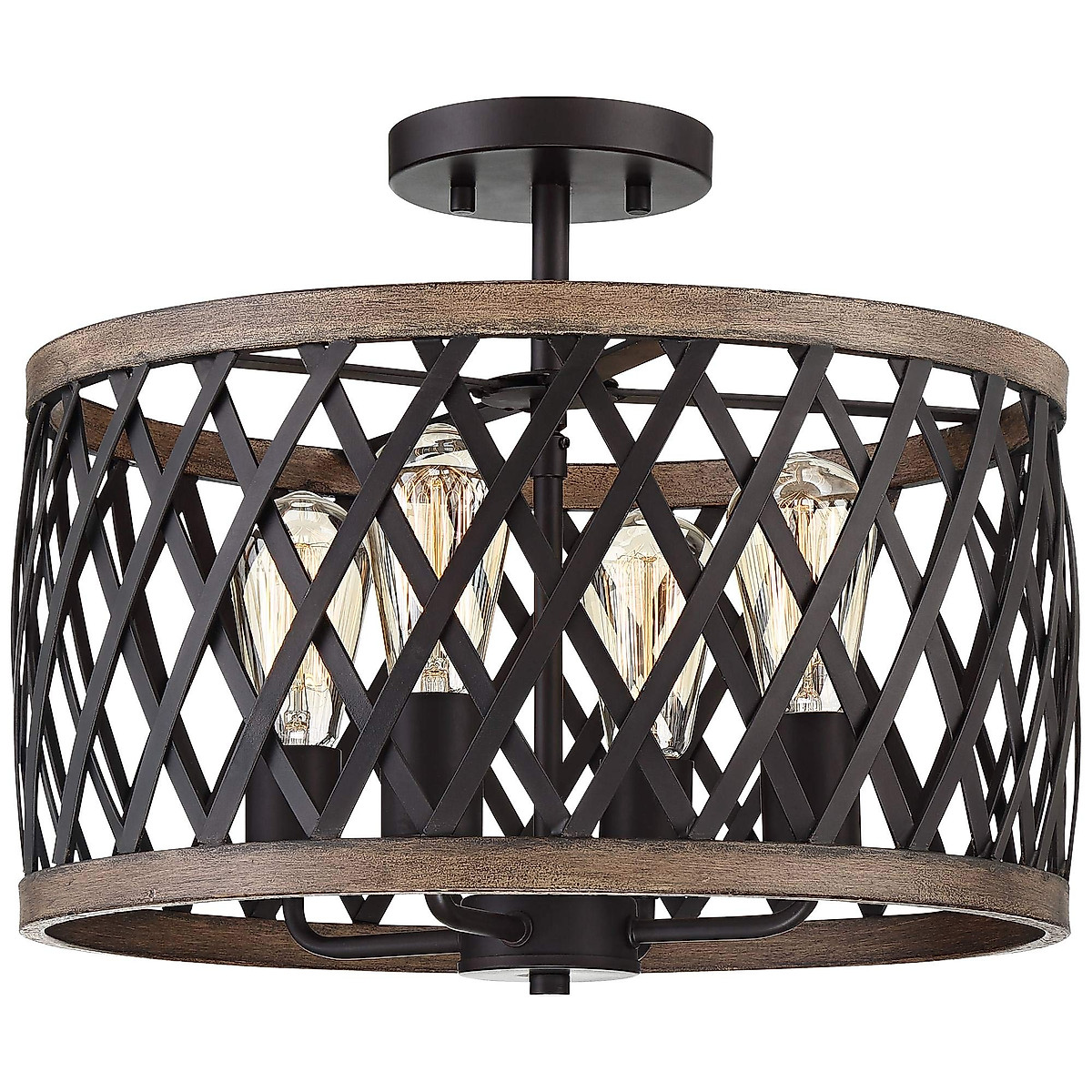 Franklin Iron Works Trey Farmhouse Rustic Close to Ceiling Light Semi Flush Mount Fixture 16" Wide 4-Light Bronze Woodgrain Drum Shade for Bedroom Hallway Living Room Dining Room Bathroom Kitchen