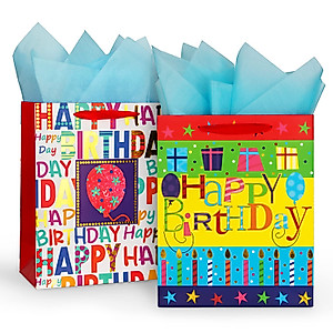 2-Pack 12.6" Large Happy Birthday Gift Bags for Birthday Party with Tissue Paper