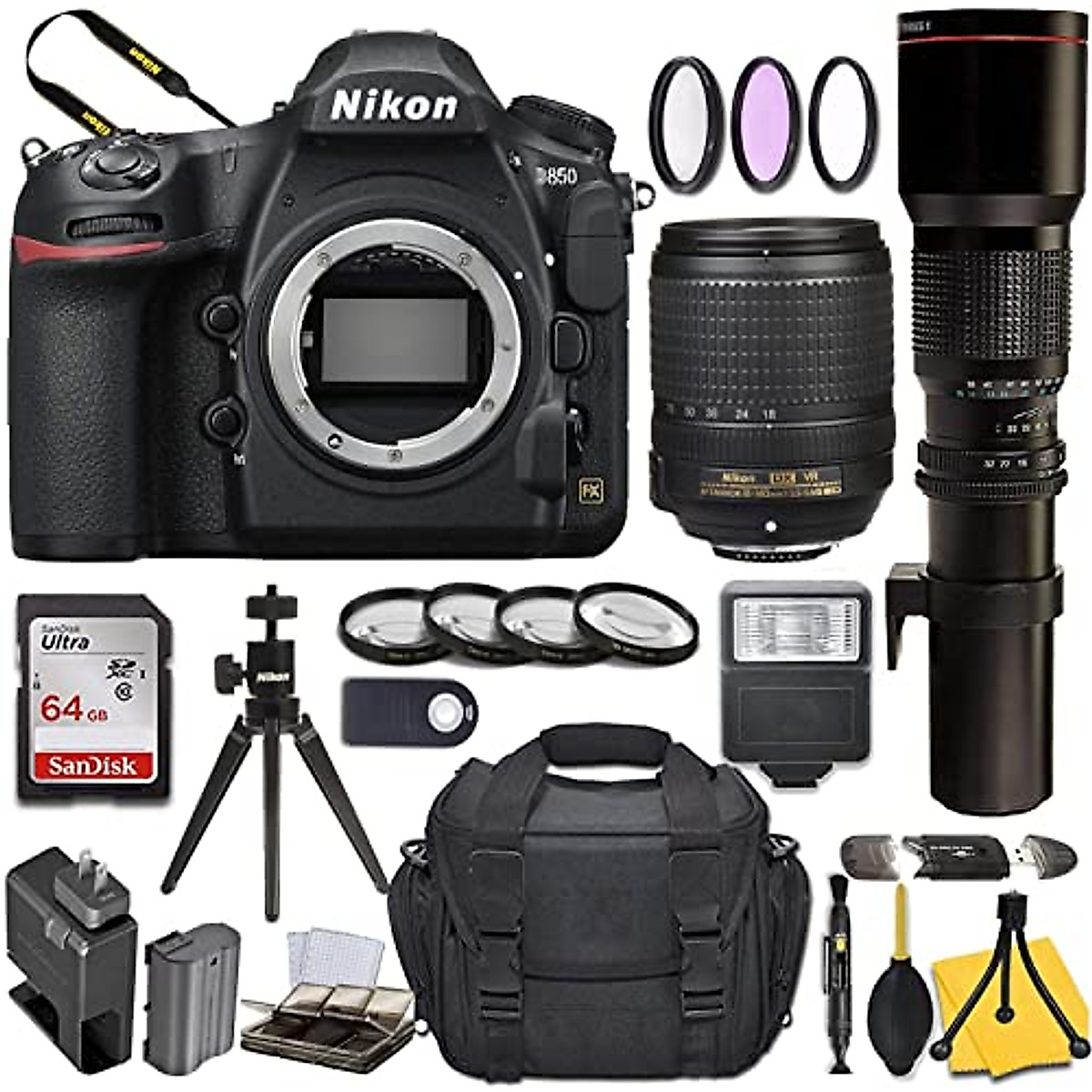 Nikon Intl. Nikon D850 DSLR Camera with AF-S DX NIKKOR 18-140mm f/3.5-5.6G ED VR + 500mm Preset Lens and Basic Travel Kit (Renewed)