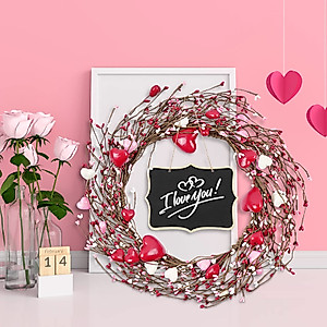 Mothers Day Decorations - 18'' Front Door Wreath, Heart Shaped Wreath Red Pip Berry Rustic Twig Wooden Sign Anniversary Wedding Home Office Wall Decorations (Red)