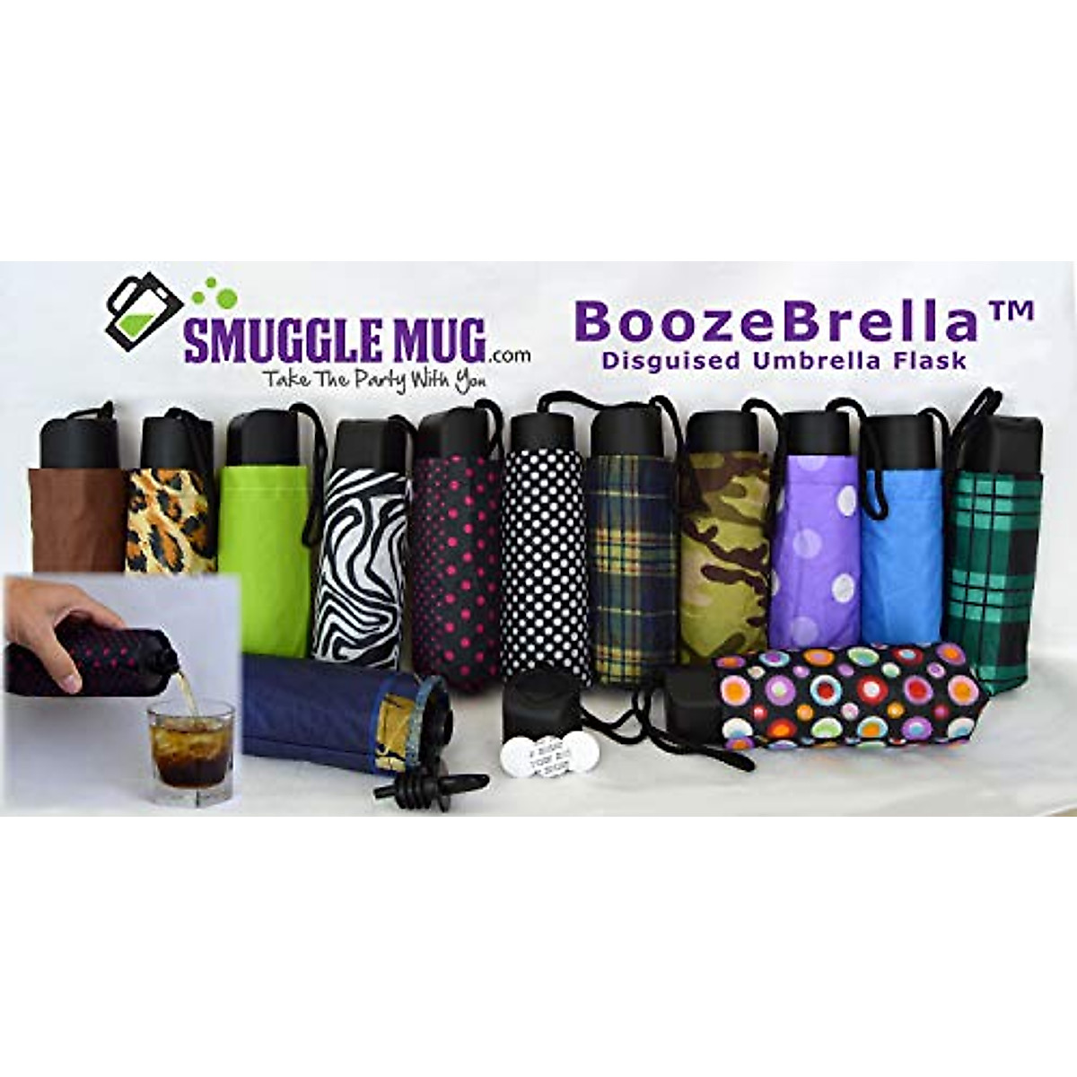 BoozeBrella Umbrella Flask by Smuggle Mug - Disguised 9 oz Flask - Hidden Flask - Choose Color (Black w/White and Gray Dot)
