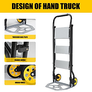 3 Step Ladder & Folding Hand Truck,One Step Folding into a 3 Step Stool with Wide Anti-Slip Pedal and Cushioned Handle,One Unfolding into a 2 in 1 Aluminum Dolly Cart for Moving Luggages Goods