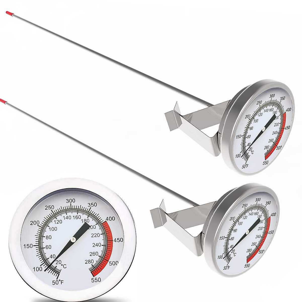 Lightbeam 16" Long Stem Deep Fry Thermometer with Clamp (2 Pack), Instant Read 2" Dial Meat BBQ Thermometer for Deep Fry, Grill, Turkey, Candy, Coffee etc