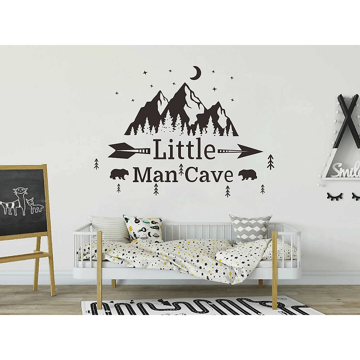 Little Man Cave Mountains Vinyl Decals, Landscape with Animals Stickers, Mountain Moon Stars Decal for Nursery Room,Kids Décor A9 (Black)