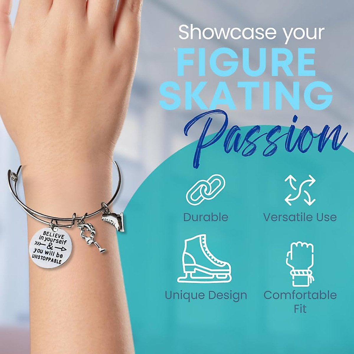 Figure Skating Bracelet, Ice Skating Jewelry, Ice Skate Believe In Yourself & You Will Be Unstoppable Charm Bracelet - Figure Skating Gifts