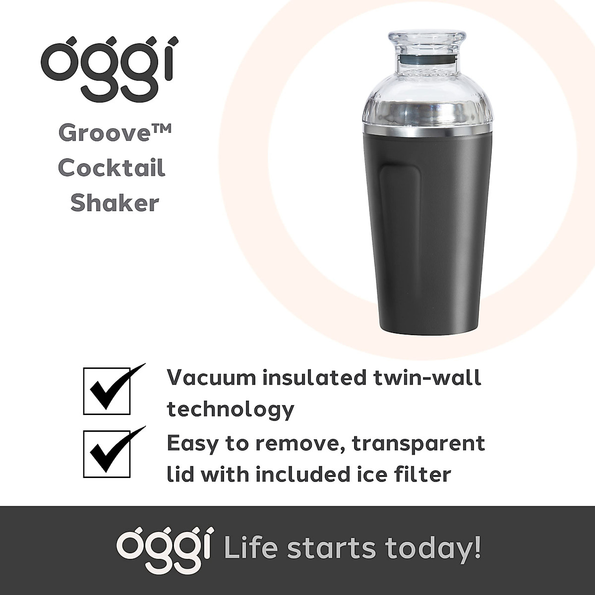 OGGI Groove Insulated Cocktail Shaker-17oz Double Wall Vacuum Insulated Stainless Steel Shaker, Tritan Lid has Built In Strainer, Ideal Cocktail Mixer, Martini Shaker, Margarita Shaker, Black
