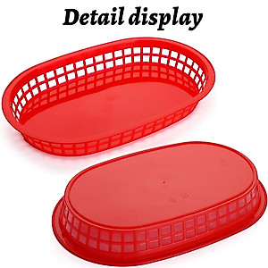 NDSWKR 40 Pack Fast Food Serving Baskets, 10.6 x 7 Inch Plastic Oval Food Baskets, Reusable Deli Baskets for Burgers, Sandwiches, Barbecues, Hot Dog, Chip, BBQ, Picnic, Party (Red)